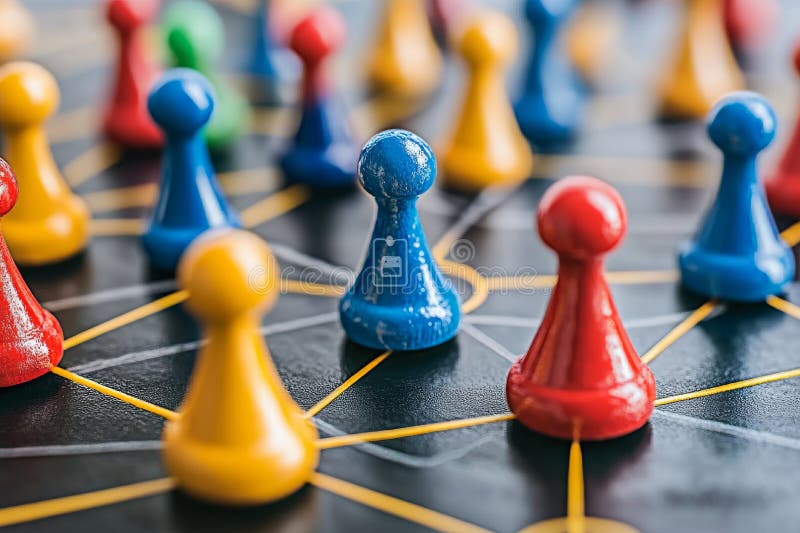 Colorful Game Pawns Connected by Strings in a Network Grid Symbolizing ...