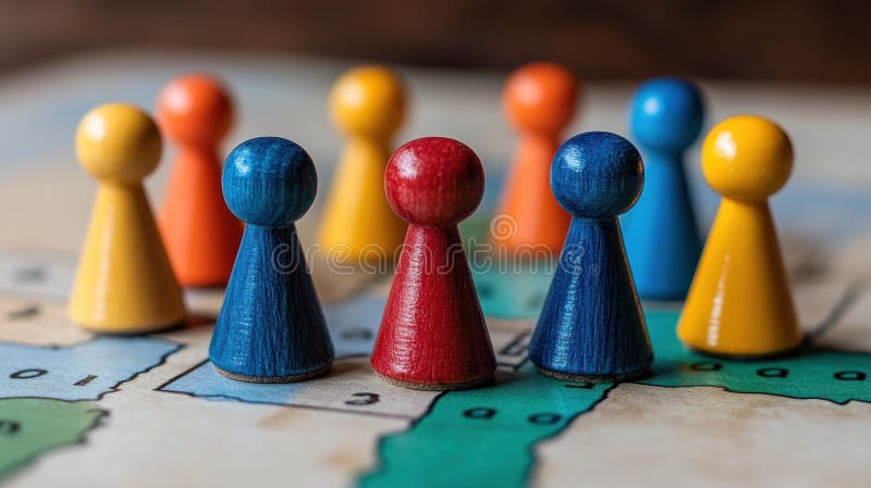 Colorful Game Pieces on Map, Representing Strategy and Teamwork in ...