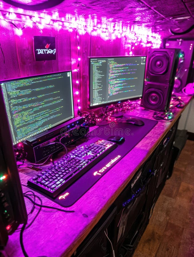 Colorful Gaming Setup with Dual Monitors and LED Lights Stock Photo ...