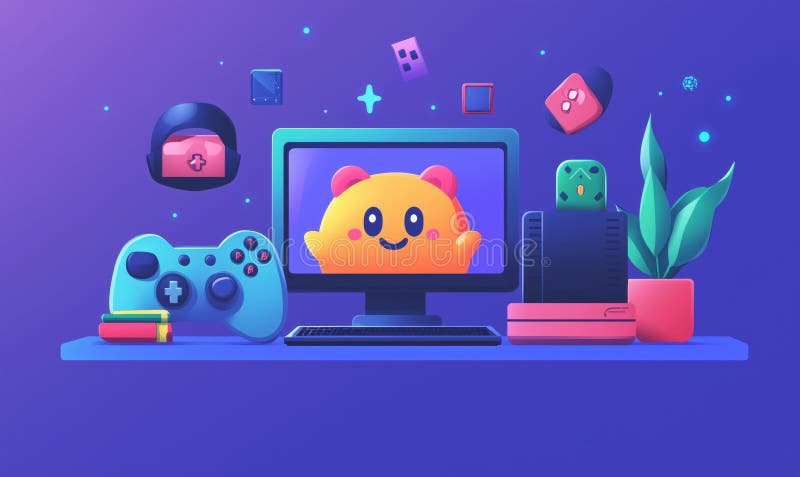 Colorful Gaming Setup Featuring Cute Character, Gaming Console ...