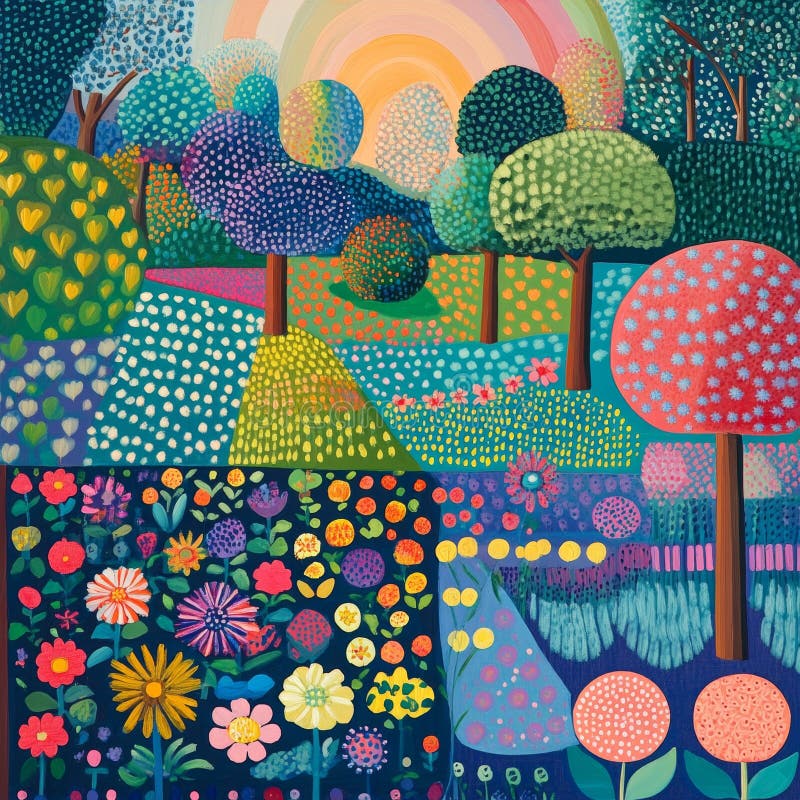 Colorful Garden of Joyful Trees and Flowers Stock Illustration ...