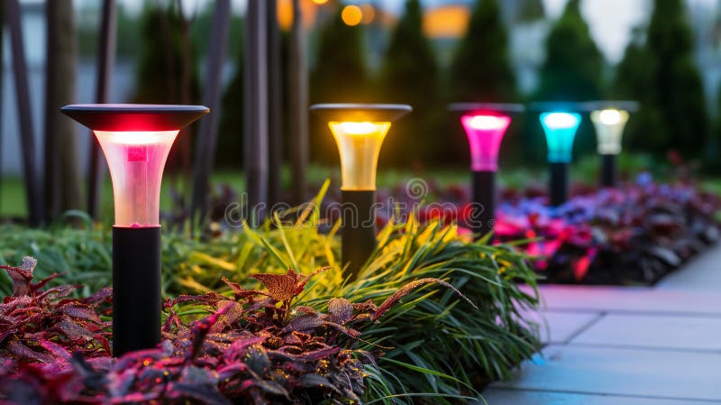 Colorful Garden Lights Line a Path, Illuminating the Plants at Dusk ...