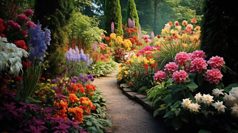 Colorful Garden Path with Vibrant Flowers Stock Illustration ...