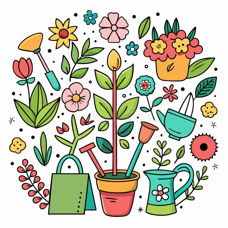 Colorful Garden Tools and Flowers in a Circular Design Stock ...