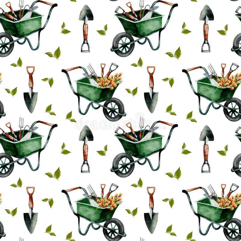 Colorful Garden Tools Pattern Showcasing Wheelbarrows and Gardening ...