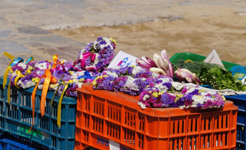 Colorful Garland at Mykonos,Greece. Stock Image - Image of beauty ...
