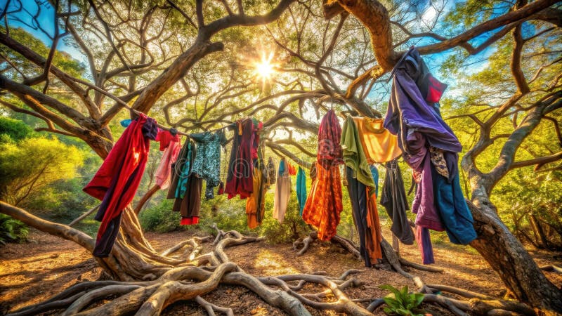 Colorful Garments Drying on a Sprawling Tree S Branches in the Warm ...