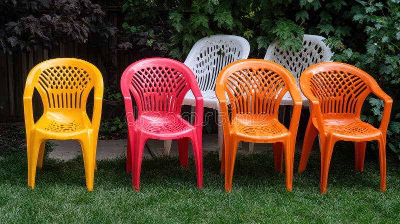 A Colorful Gathering: Plastic Chairs in a Garden Setting Stock Image ...