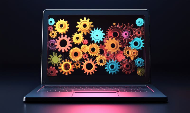 Colorful Gears on Laptop Screen Representing Technology and Innovation ...