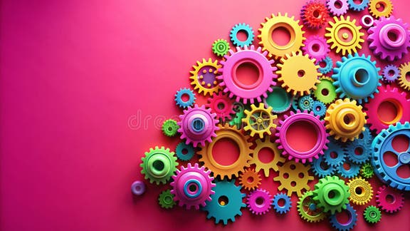 Colorful Gears on a Vibrant Pink Background a Dynamic Visual for ...