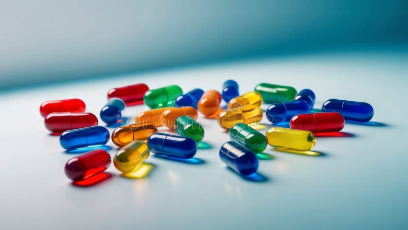 Colorful Gel Capsules on Blue Background. Stock Photo - Image of ...