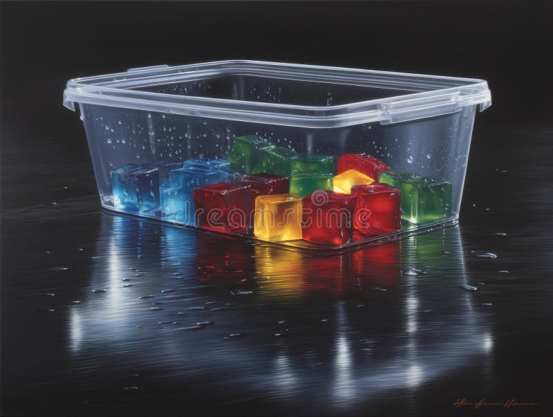 Colorful Gelatin Cubes Resting in Plastic Container on Wet Surface ...