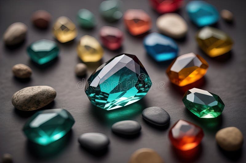 Colorful Gemstones on Black Wooden Table, Close-up. Ai Generative Stock ... Colorful Gemstones on Black Wooden Table, Close-up. Ai Generative Stock ...