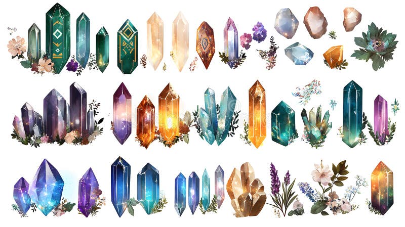 Colorful Gemstones and Crystals with Floral Elements, Perfect for Boho ...
