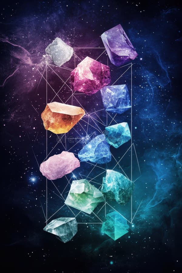 Colorful Gemstones with Geometric Art on Cosmic Background. Stock Image ...