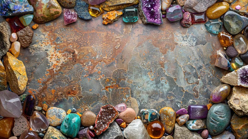 Colorful Gemstones and Minerals Arranged in a Frame on a Rustic Surface ...