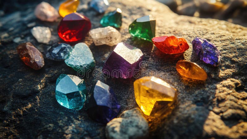 Colorful Gemstones on Rock Surface in Sunlight Stock Image - Image of ...
