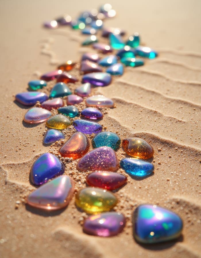 Colorful Gemstones Scattered on Sandy Beach, Creating a Vibrant Display ...