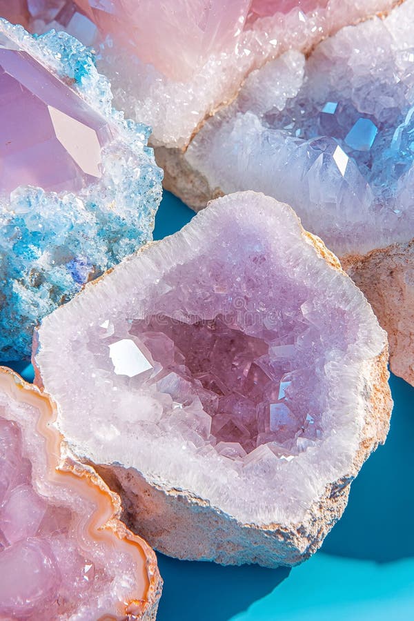 Colorful Geode Crystals and Mineral Specimens on Blue Background in ...