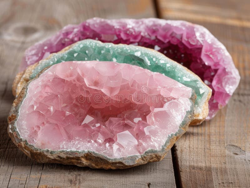 Colorful Geode Crystals on Wooden Surface Stock Illustration ...