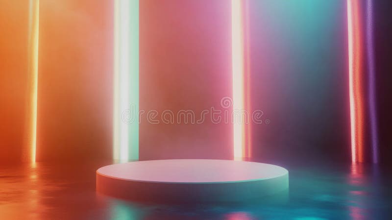 Colorful Geometric Abstract Background with Floating Platform and Neon ...