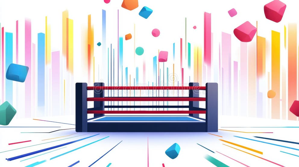Colorful Geometric Boxing Ring Surrounded by Floating Shapes in a ...