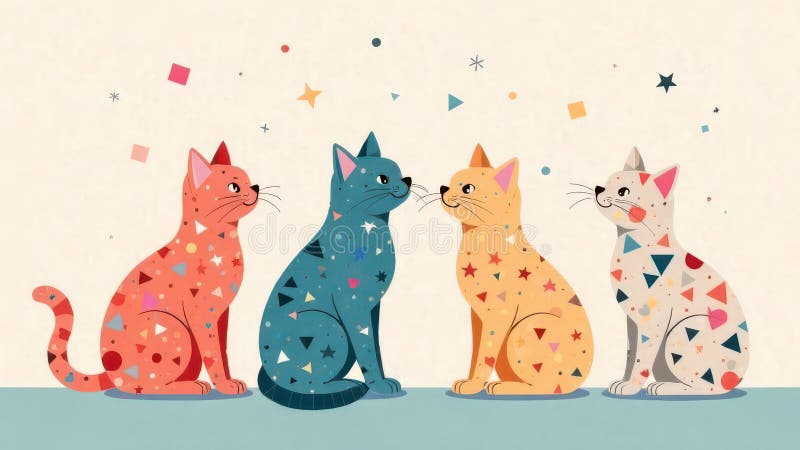 Colorful Geometric Cats Sitting in a Row with Abstract Patterns and ...