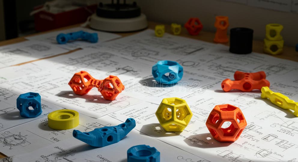 Colorful Geometric 3D-printed Objects Rest on Technical Blueprints. the ...