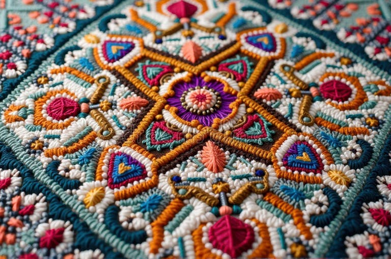 Colorful Geometric Embroidery Pattern with Intricate Stitching and ...