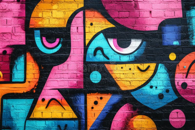 Colorful Geometric Graffiti Showcasing Expressive Faces on a Brick ...