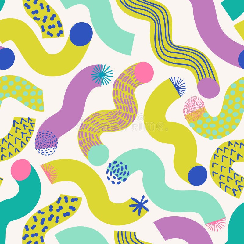 Colorful Geometric Lines, Doodle Seamless Pattern. Wavy Squiggle Shapes ... Colorful Geometric Lines, Doodle Seamless Pattern. Wavy Squiggle Shapes ...