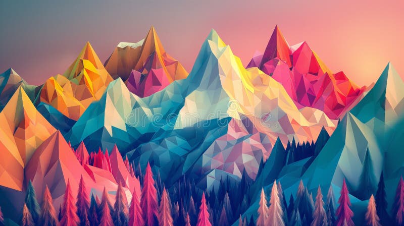 Colorful Geometric Mountains and Forrest Flat Illustration Stock ...