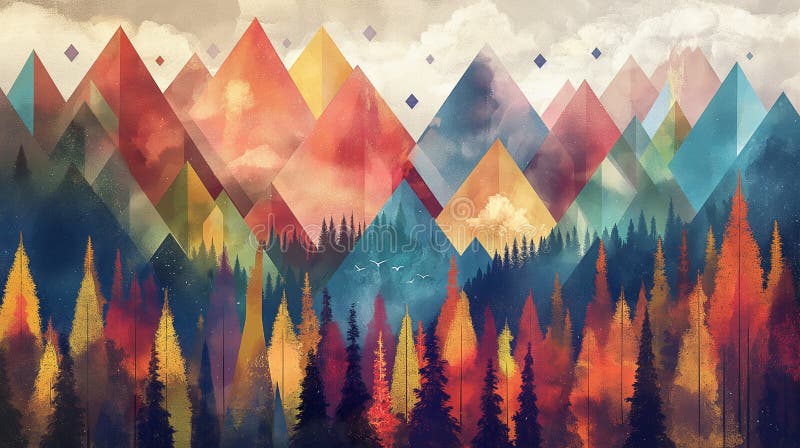 Colorful Geometric Mountains and Forrest Flat Illustration Stock ...