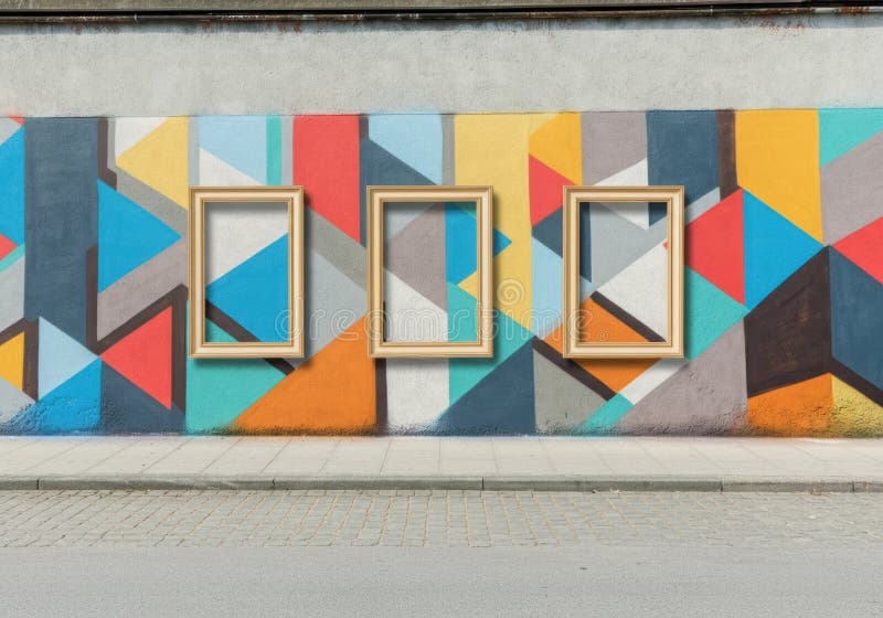Colorful Geometric Mural with Empty Frames on a Vibrant Wall Stock ...