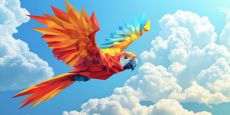 Colorful Geometric Parrot Soaring through Bright Blue Sky with Fluffy ...