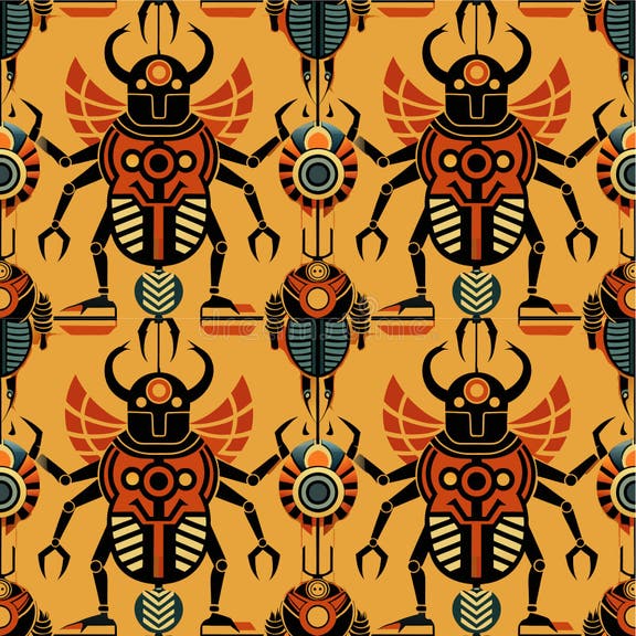 Colorful Geometric Pattern Featuring Stylized Beetles and Leaves on an ...