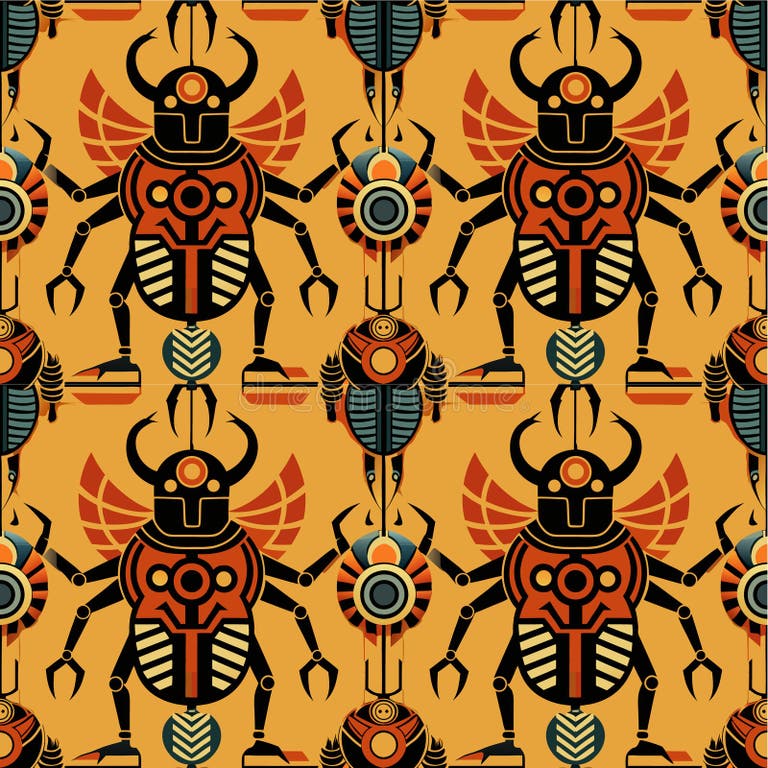 Colorful Geometric Pattern Featuring Stylized Beetles and Leaves on an ...