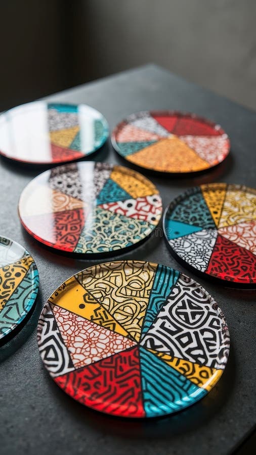 Colorful Geometric Patterned Coasters on Dark Surface Stock ...