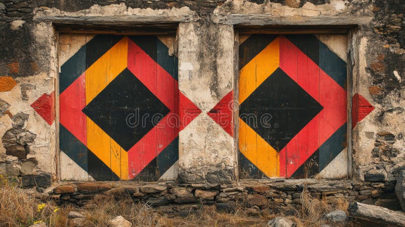 Colorful Geometric Patterns Adorn Old Weathered Building Doors Stock ...