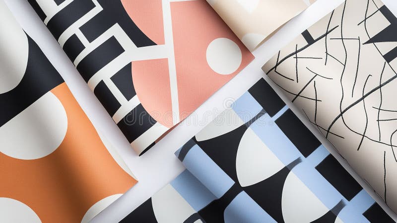 Colorful Geometric Patterns Displayed on Various Rolls of Decorative ...