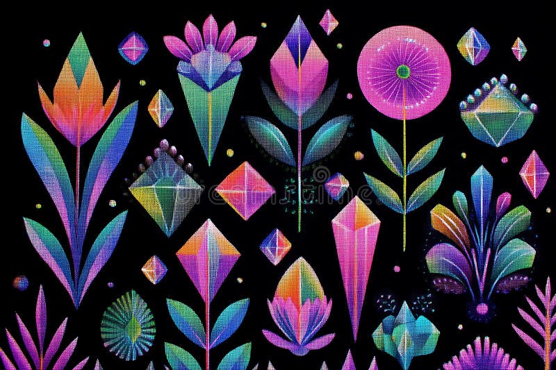 Colorful Geometric Patterns Featuring Stylized Flowers and Gemstones on ...