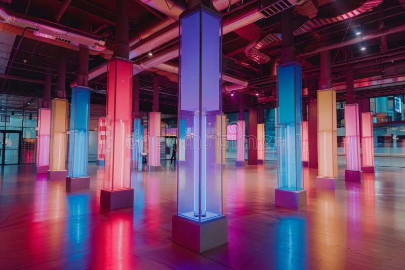 Colorful Geometric Pillars in a Modern Interior Space with Neon ...