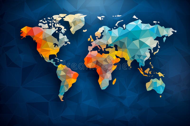 Colorful Geometric Polygon World Map on Deep Blue Background Stock Illustration - Illustration ...