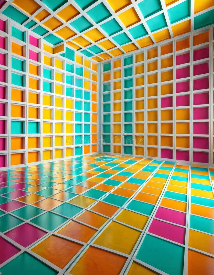 Colorful Geometric Room with Checkered Pattern Stock Image - Image of ...