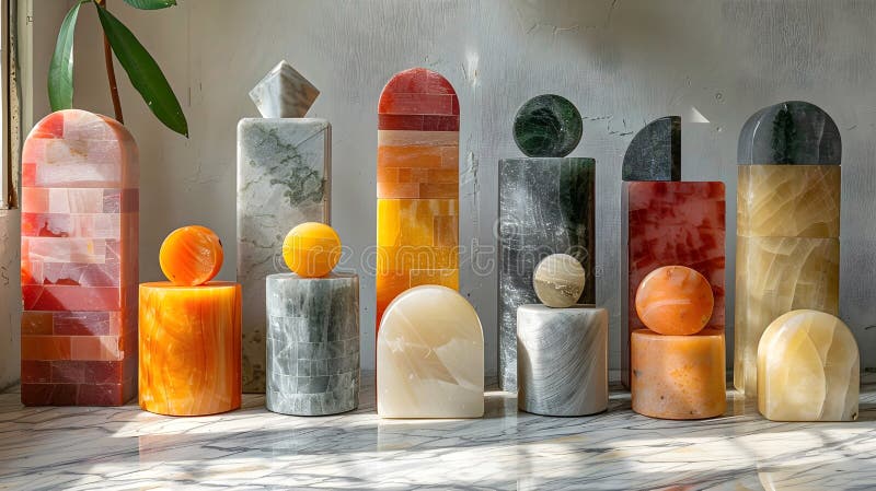 Colorful Geometric Sculptures Made of Various Marbles Displayed on a ...