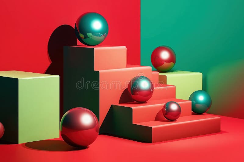 Colorful Geometric Shapes Arranged on Steps. Smooth Shiny Spheres Rest ...