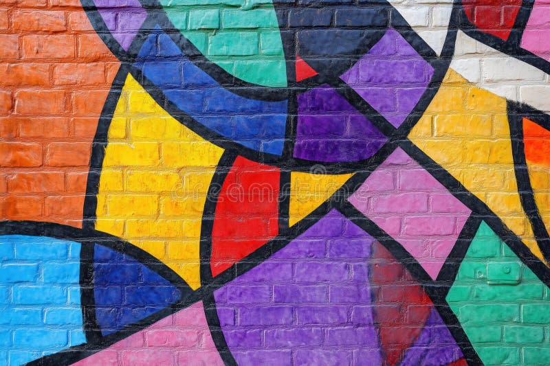 Colorful Geometric Shapes Decorating a Brick Wall Mural Stock Photo ...