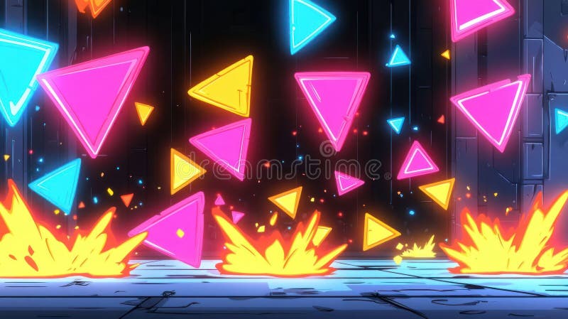 Neon Triangles Exploding on Dark Background: Futuristic 80s Retro ...
