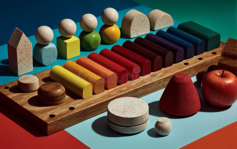 Colorful Geometric Shapes and Fruit on Wooden Board Stock Illustration ...