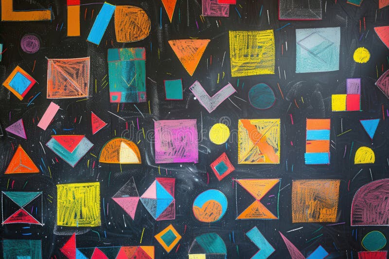 Colorful Geometric Shapes and Patterns are Drawn on a Blackboard ...